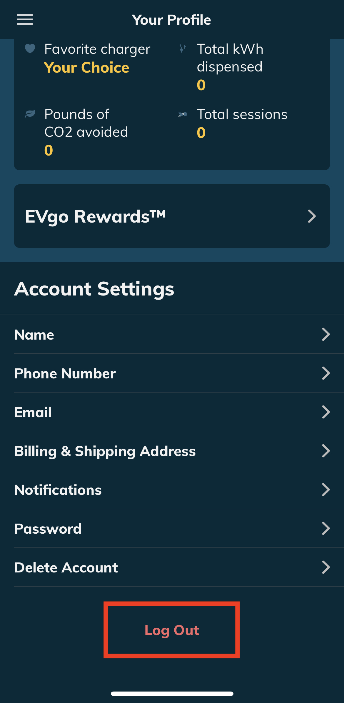 Log out of your EVgo account – EVgo
