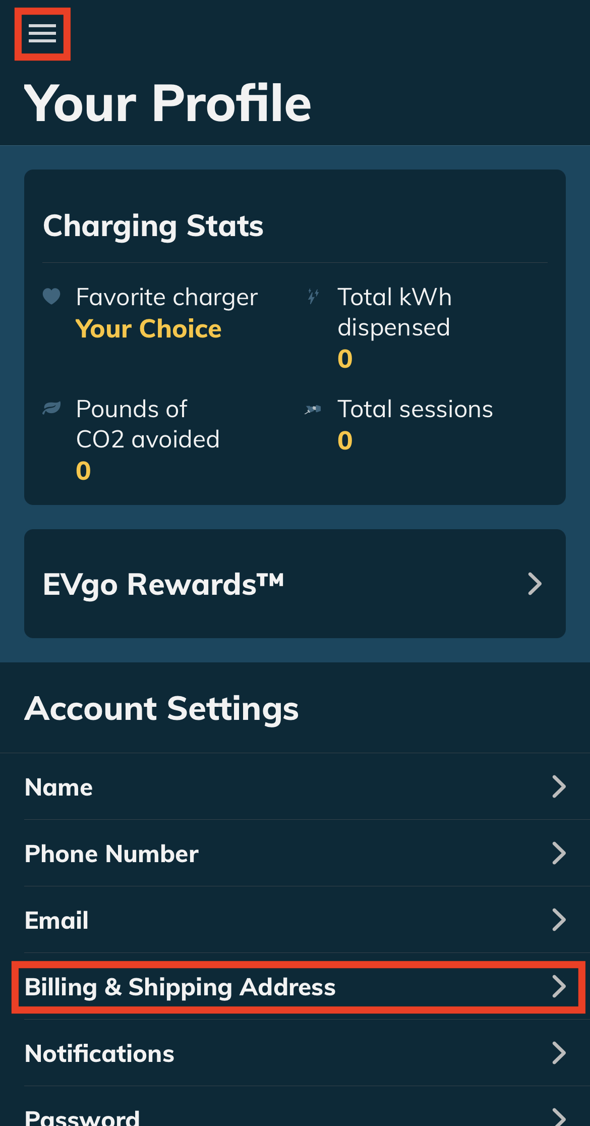 Edit your billing and mailing address – EVgo